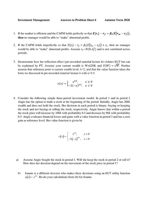 Questions To Problem Set 6 Investment Management Answers To Problem