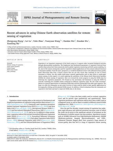 Pdf Recent Advances In Using Chinese Earth Observation Satellites For Remote Sensing Of Vegetation