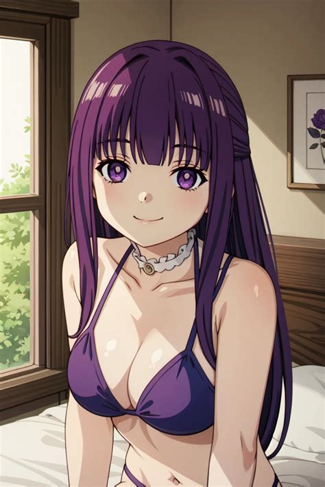 Bedroom Smile Purple Bikini Frieren Fern 1girl Purple Eyes