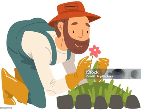 남자 정원사 심기 와 감탄 꽃 정원 또는 농장 벡터 일러스트에서 작업 하는 Veralls에 쾌활 한 남성 농부 캐릭터 감탄에