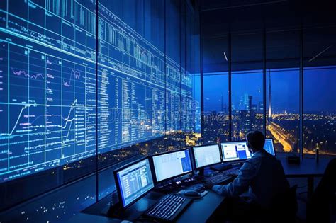 Spectacular Night Office View With Analyst At Multiple Screens Displaying Complex Data And