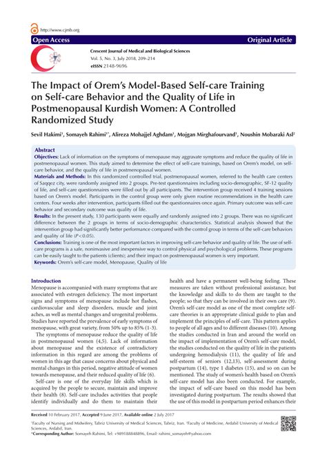 Pdf The Impact Of Orems Model Based Self Care Training On Self Care Behavior And The Quality