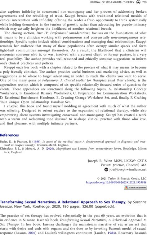 Transforming Sexual Narratives A Relational Approach To Sex Therapy 2020 Journal Of Sex