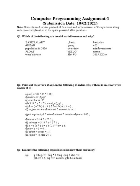 Computer Programming Assignment 1 Submission Date 10022021 Pdf Software Development