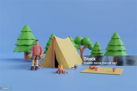3d 만화 캠프 파이어와 소나무 숲의 텐트 낮은 폴리 기하학적 전나무와 캠프 파이어 및 하이킹 주전자 근처의 텐트의 3d 그림 3차원 형태에 대한 스톡 사진 및 기타 이미지