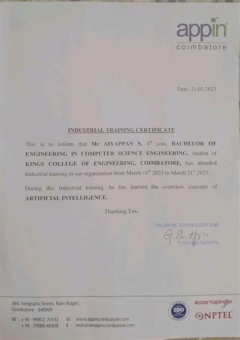 Aiyappan Subramaniyan on LinkedIn: I completed my Industrial training ...