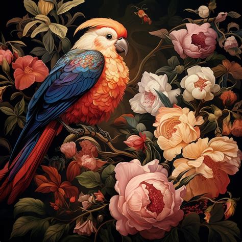 Premium AI Image Painting Of A Parrot Sitting On A Branch Of A Tree With Flowers Generative Ai