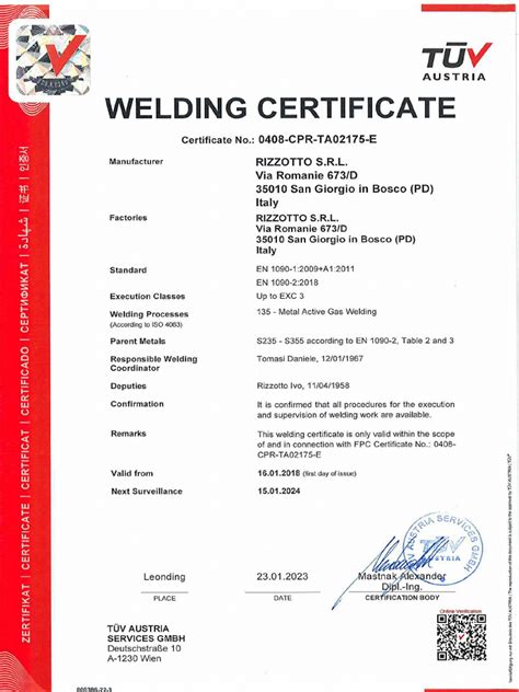 En 1090 Welding Certificate Rizzotto Srl 2023 Pdf