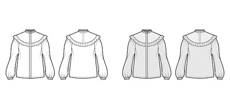 프레리 블라우스 테크니컬 패션 일러스트와 부퍼런트 롱 슬리브 스탠드 칼라 러플 요크 커프 가죽 버튼 업 블라우스에 대한 스톡