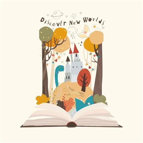 귀여운 마법의 동화 왕국 이야기 책의 만화 프리미엄 벡터