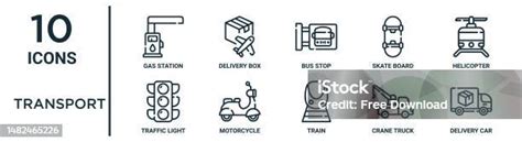 운송 개요 아이콘 세트에는 얇은 라인 주유소 버스 정류장 헬리콥터 오토바이 크레인 트럭 배달 차량 보고서 프리젠 테이션 다이어그램 웹 디자인을위한 신호등 아이콘이 포함됩니다