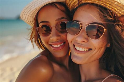 Happy Friends At The Beach Wearing Sunglasses And Smiling Generate Ai
