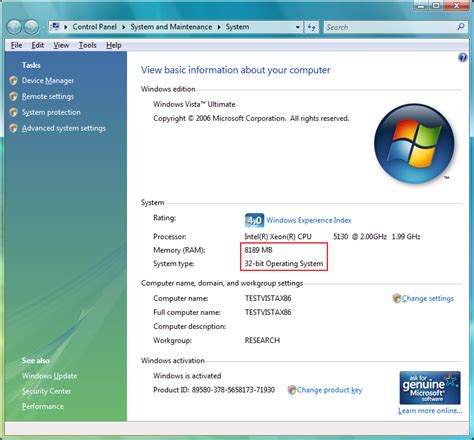 Licensed Memory In 32 Bit Windows Vista