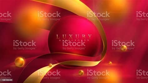 사실적인 3d 볼과 골드 리본 요소와 반짝이는 라이트 효과 장식과 보케가 있는 럭셔리 한 배경 빨강에 대한 스톡 벡터 아트 및 기타 이미지 Istock
