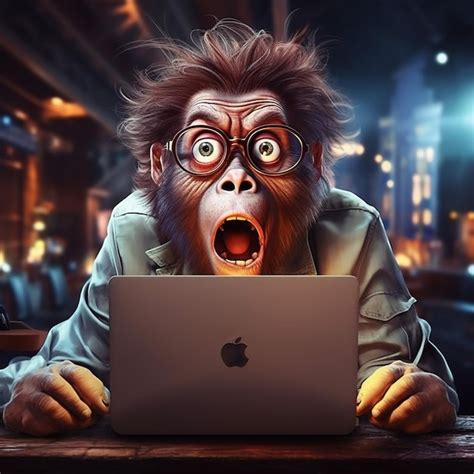 Macaco Antropomórfico Renderizado Em 3d Trabalhando Em Laptop Olhar