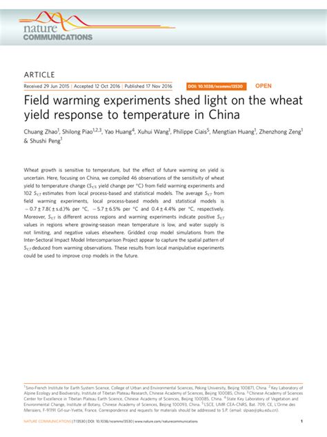 2016 Field Warming Experiments Shed Light On The Wheat Yield Response To Temperature In China