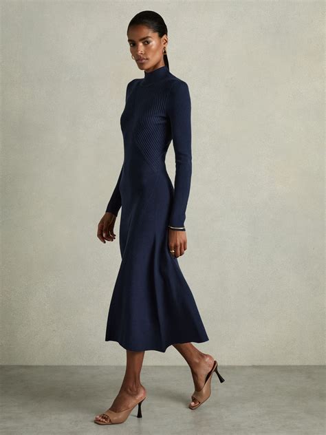 Reiss Round Neck Ribbed Midi Dress In Navy Reiss