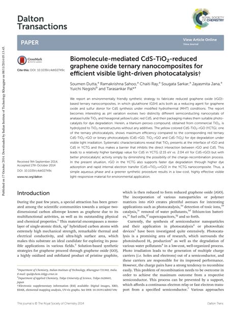 Pdf Biomolecule Mediated Cds Tio2 Reduced Graphene Oxide Ternary Nanocomposites For Efficient