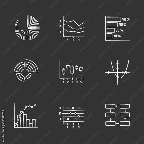 Chart And Graph Chalk Icons Set Horizontal Histogram Area Chart