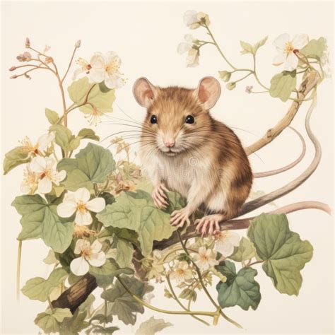 Classical Realism Detailed Depiction Of Mouse On Branch With White