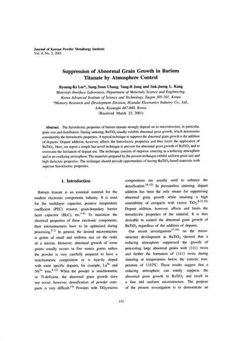 Suppression Of Abnormal Grain Growth In Barium Titanate By Atmosphere Control Koreascholar