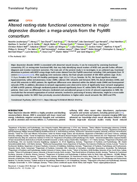 Pdf Altered Resting State Functional Connectome In Major Depressive Disorder A Mega Analysis