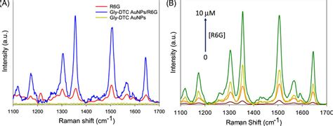A Normal Raman Spectra Of Gly Dtc Aunps 10 Mm R6g Solution And Sers Download Scientific