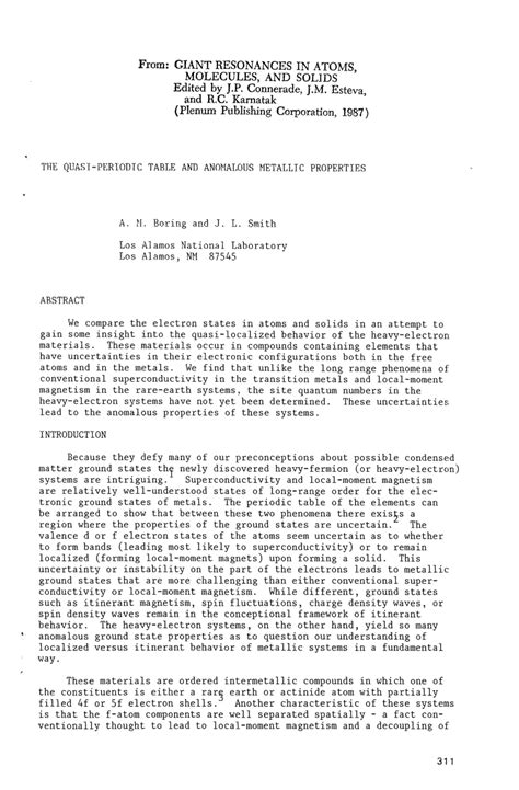 Pdf The Quasi Periodic Table And Anomalous Metallic Properties