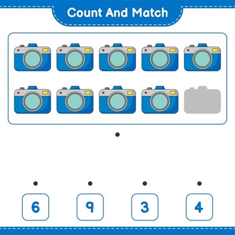 세어보고 일치하고 카메라의 수를 세고 올바른 숫자와 일치하십시오 교육 어린이 게임 인쇄용 워크시트 벡터 일러스트 레이 션 프리미엄 벡터