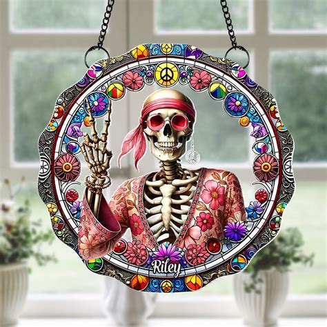 Personalized T For Hippie Acrylic Suncatcher Peace Love Skull