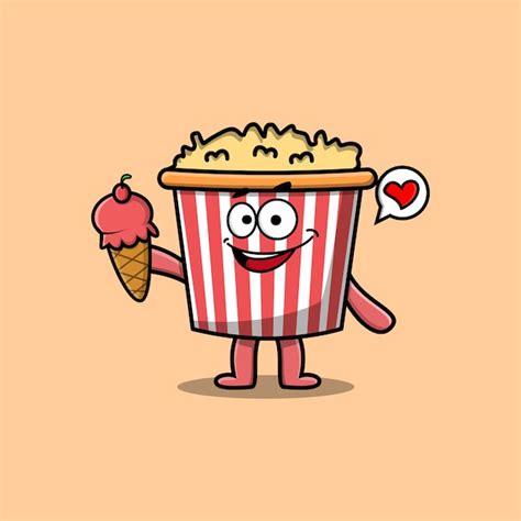 현대적인 귀여운 스타일 일러스트레이션으로 아이스크림 콘을 들고 있는 귀여운 만화 팝콘 캐릭터 프리미엄 벡터