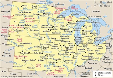 Map Of The United States With Major Cities And Towns Midwest Region