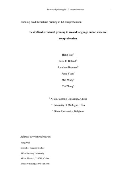 PDF Lexicalized Structural Priming In Second Language Online Sentence Comprehension