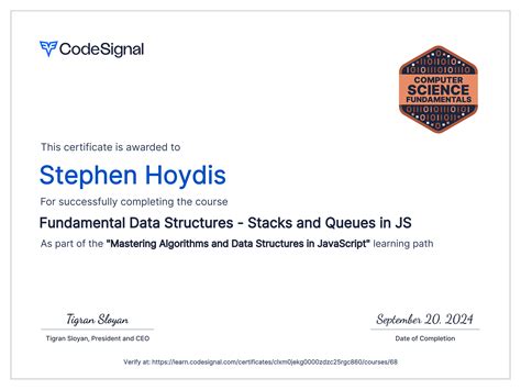 Course certificate for Fundamental Data Structures - Stacks and Queues in JS | CodeSignal Learn