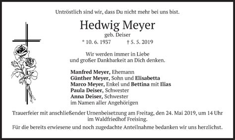 Traueranzeigen Von Hedwig Meyer Trauer Merkur De