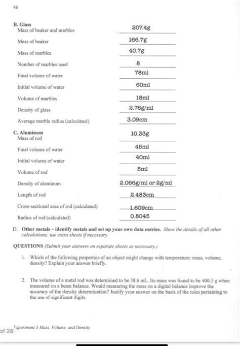 Solved REPORT ON EXPERIMENT Mass Volume And Density DATA Chegg