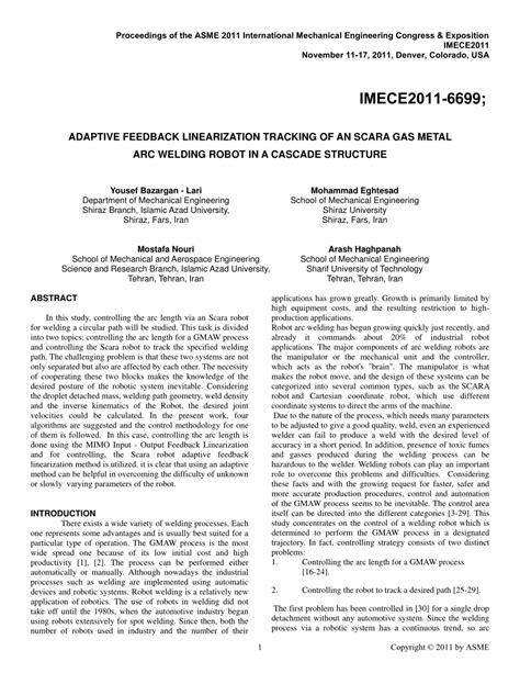 PDF ADAPTIVE FEEDBACK LINEARIZATION TRACKING OF AN SCARA GAS METAL ARC WELDING ROBOT IN A