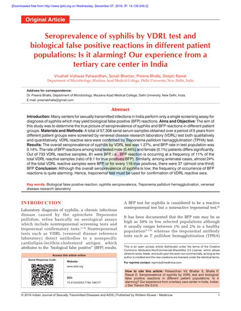 Pdf Seroprevalence Of Syphilis By Vdrl Test And Biological False