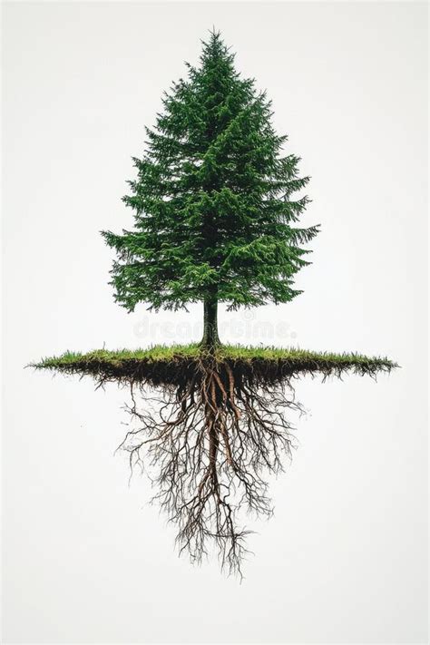 Green Pine Tree With Exposed Roots Floating Above Ground In A Surreal