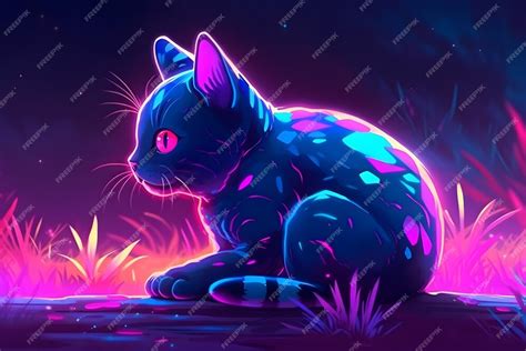 Premium Ai Image Cute Neon Art With A Kitten Neural Network Ai Generated