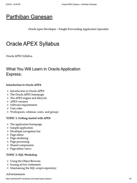 Oracle Apex Syllabus Parthiban Ganesan Pdf Web Service World