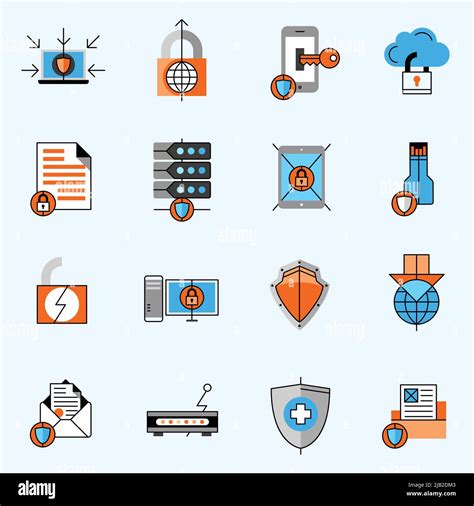Data Protection Line Icons Set With Locks And Shields Flat Isolated Vector Illustration Stock