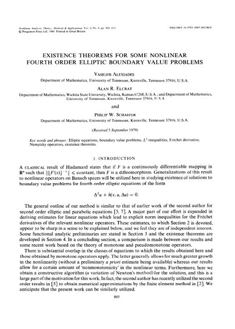 PDF Existence Theorems For Some Non Linear Fourth Order Elliptic Boundary Value Problems