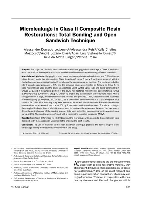 Pdf Microleakage In Class Ii Composite Resin Restorations Total Bonding And Open Sandwich