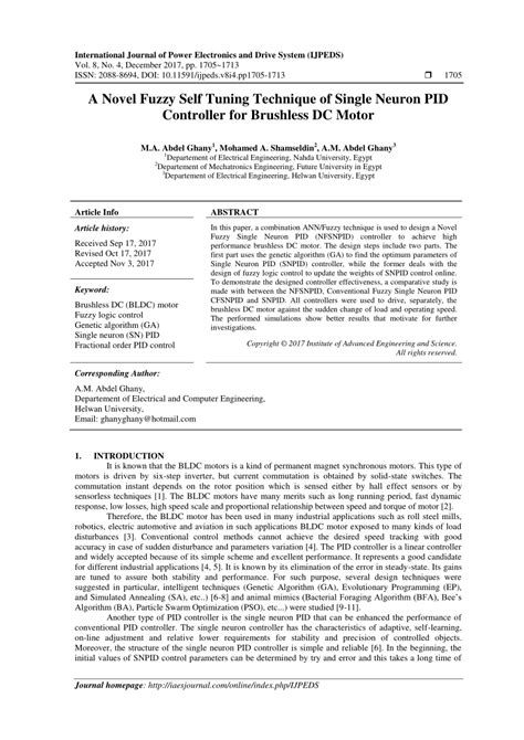 Pdf A Novel Fuzzy Self Tuning Technique Of Single Neuron Pid Controller For Brushless Dc Motor