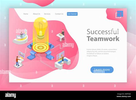 Flat isometric vector landing pagte template of effective teamwork ...
