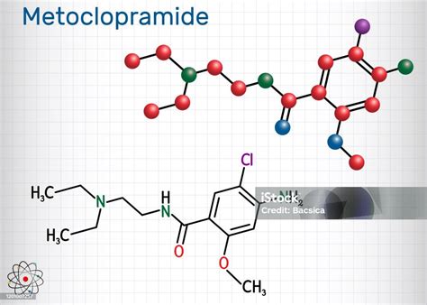 메토 클로 프라 미드 도파민 길 항 분자 그것은 메스꺼움과 구 토를 치료 하는 데 사용 됩니다 위 식도 역류 질환에 도움이 구조 화학 공식 및 분자 모델 케이지에 있는 종이