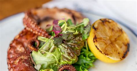 건강한 고급 굽다 그릴 높은 각도 단백질 도금 접시 레몬 레스토랑 레시피 맛있는 먹을 수 있는 먹음직스러운 문어 미식가 미식가를위한 식사 별미