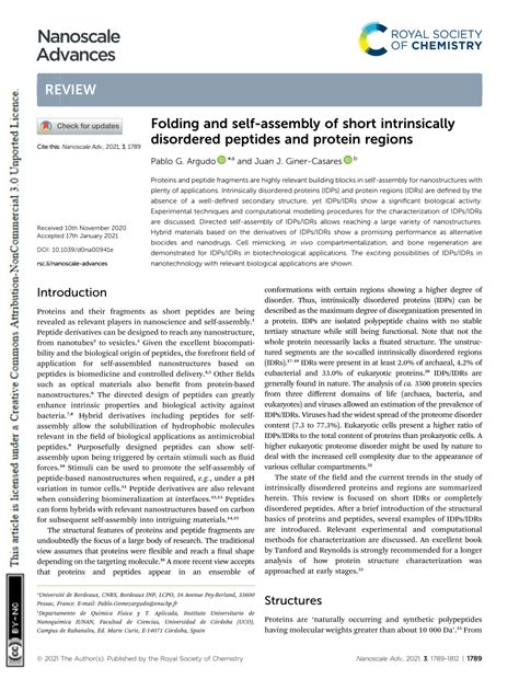Pdf Folding And Self Assembly Of Short Intrinsically Disordered Peptides And Protein Regions