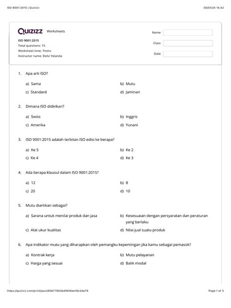 Iso 9001 2015 Quizizz Pdf